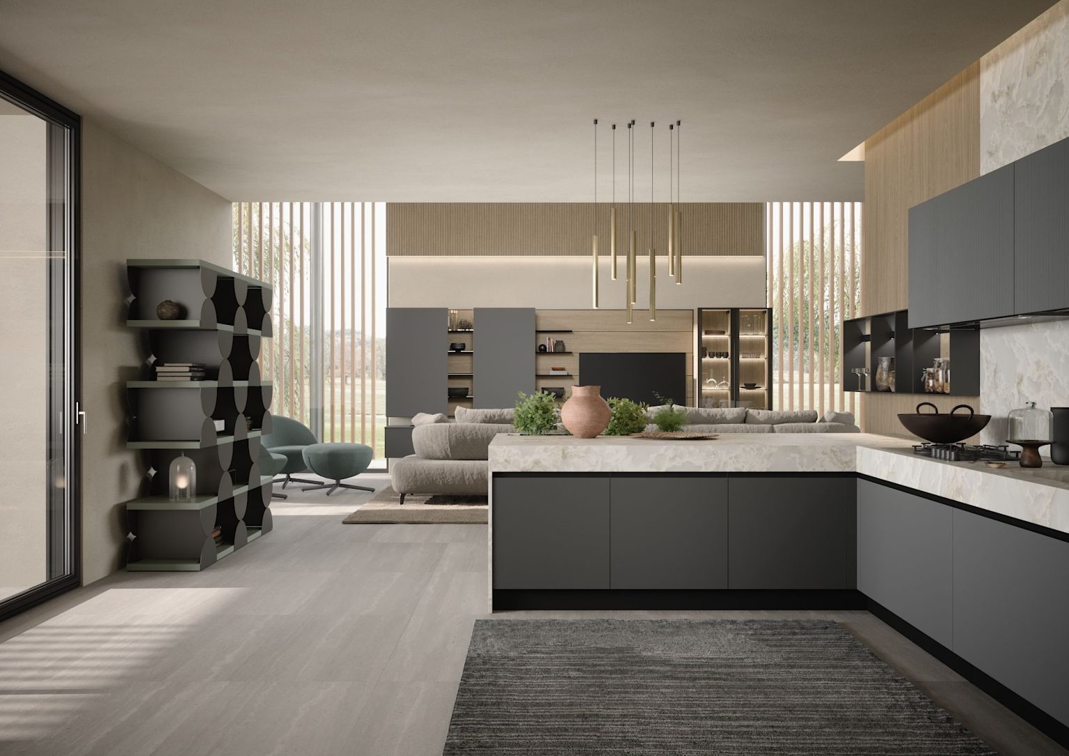 Loren 03 | Kitchen with Onice Ice Top and Large Living Area - Berloni