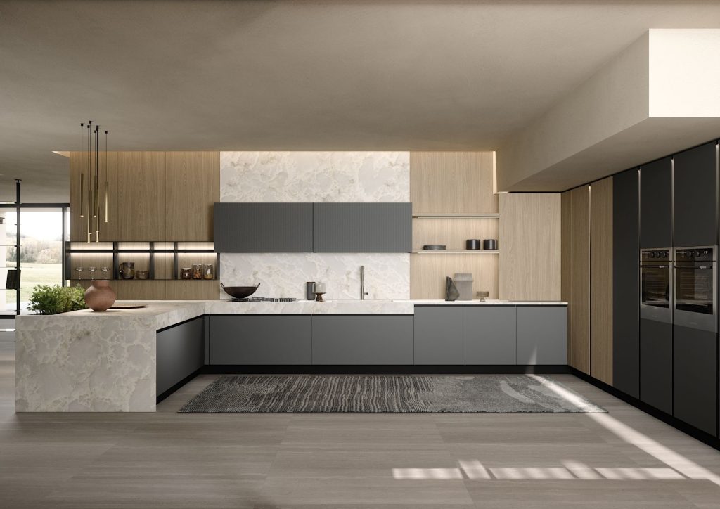 Loren 03 | Kitchen with Onice Ice Top and Large Living Area - Berloni